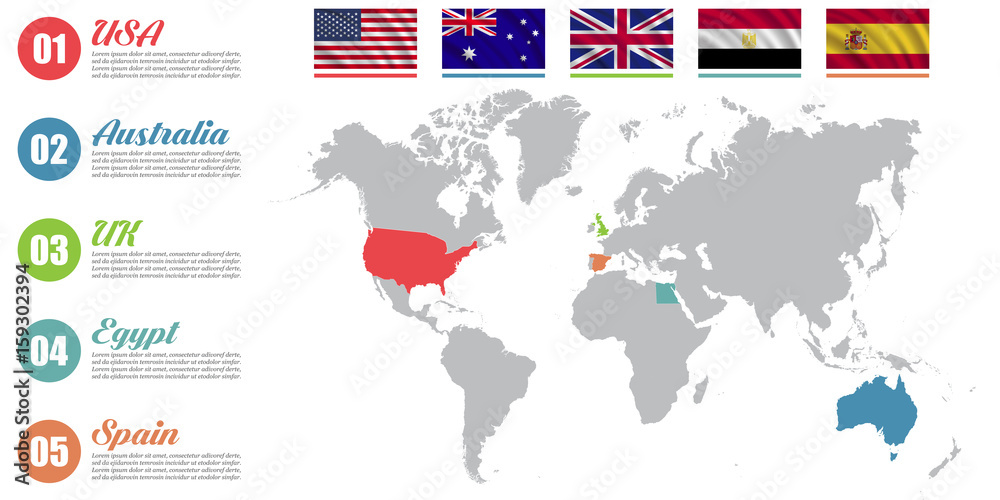 World map infographic. Slide presentation. USA, Australia, UK, Egypt ...