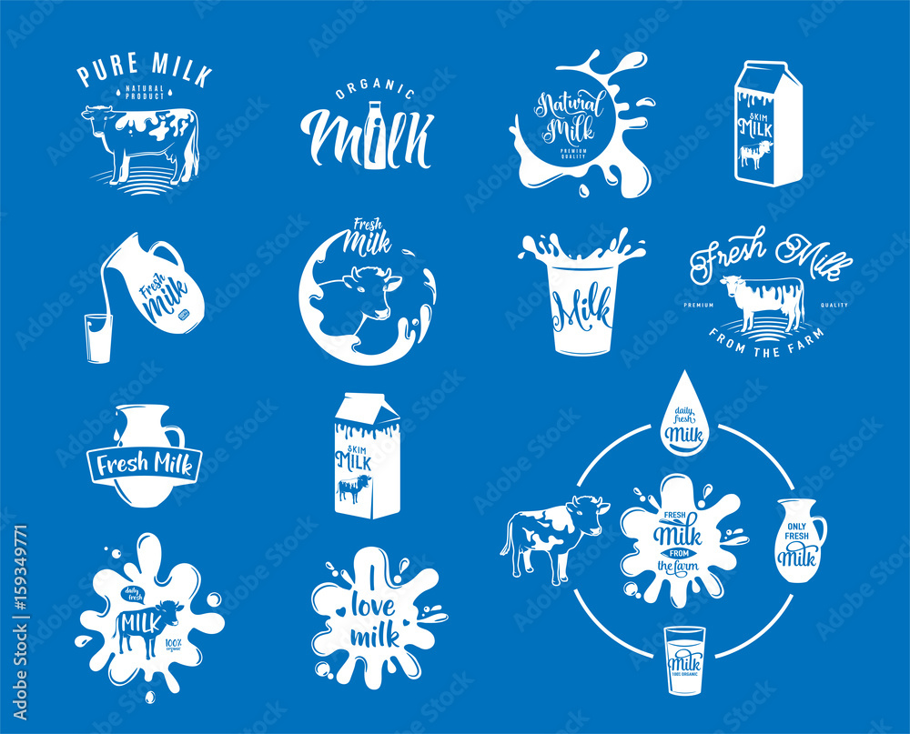 Vector illustration of fresh dairy milk logos, stamps for milky natural ...
