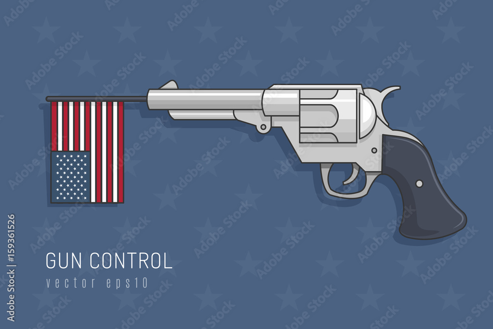 Handgun revolver firing flag of the United States of America. Gun ...