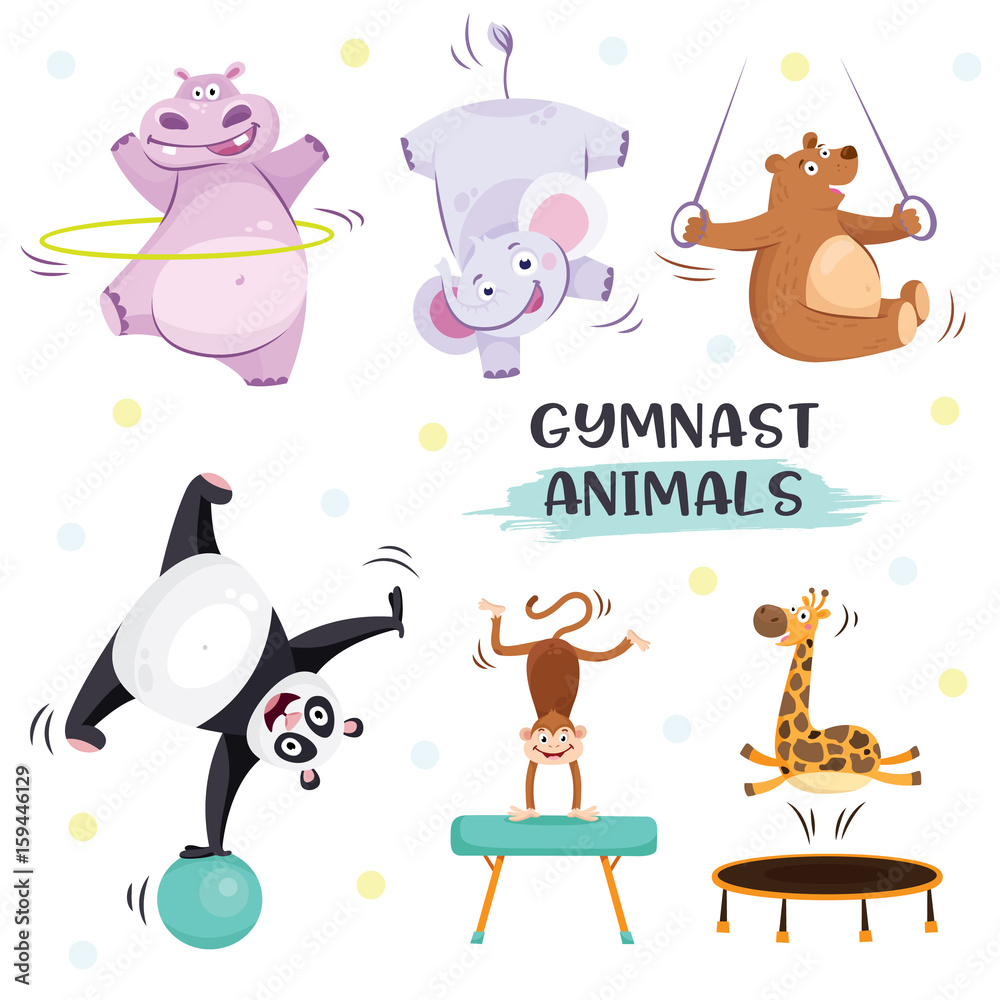 Cute animals in sport gymnastic positions. Sportsman flat icons ...