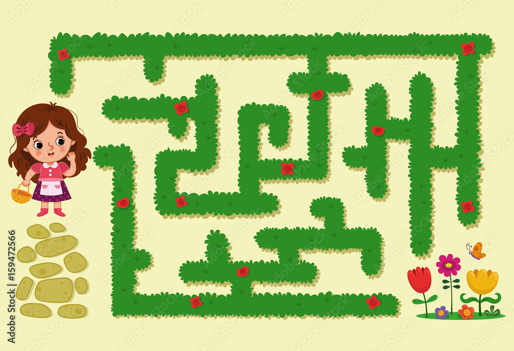Cartoon girl character in the maze. (Maze game for kids, Vector ...
