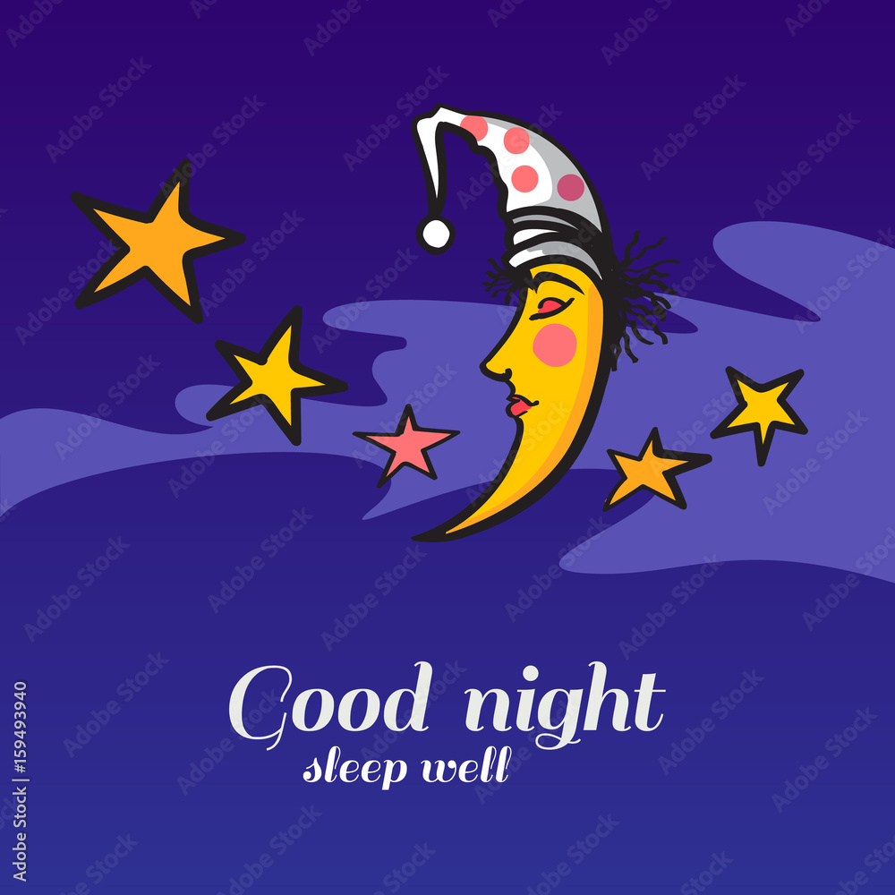 Good night sleep well card design with cute cartoon sleeping moon and ...