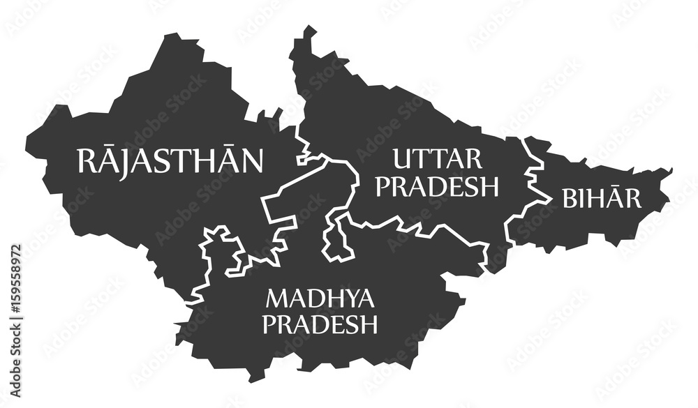 Rajasthan - Madhya Pradesh - Uttar Pradesh - Bihar Map Illustration of ...