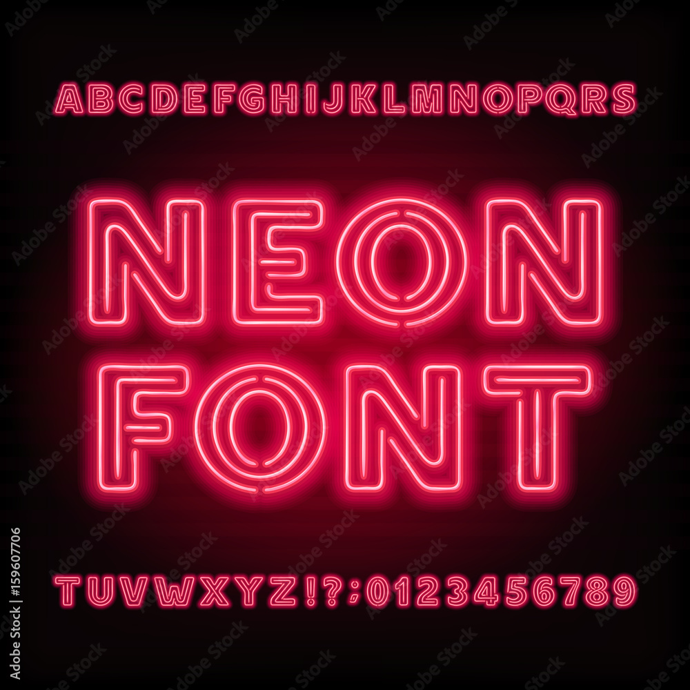 Neon tube alphabet font. Red color bold type letters and numbers ...