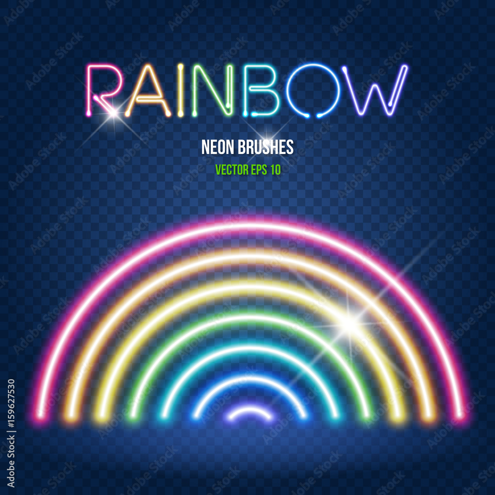 Glowing neon lights brushes in rainbow colors on dark transparent ...
