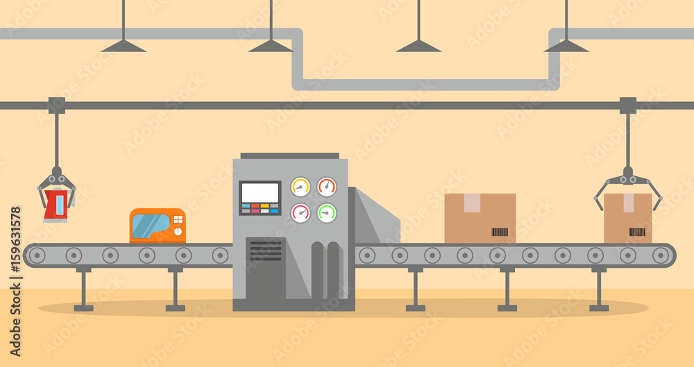 The factory conveyor on packing in flat style. Conveyor Automatic ...