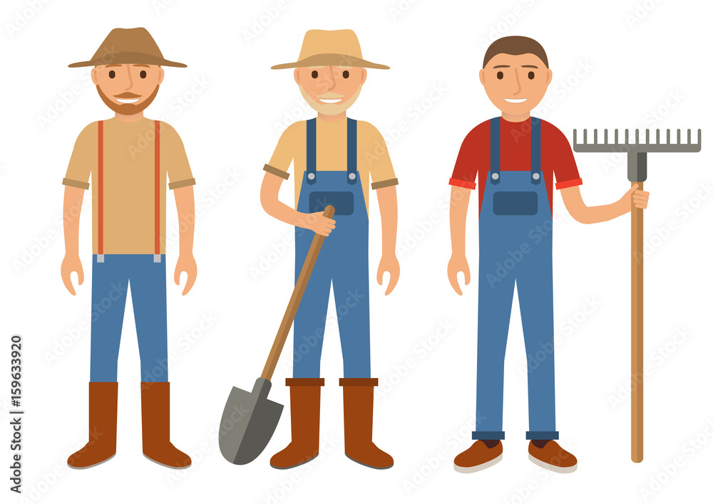 Set of farmers using agricultural tools.Set men Cartoon character the ...