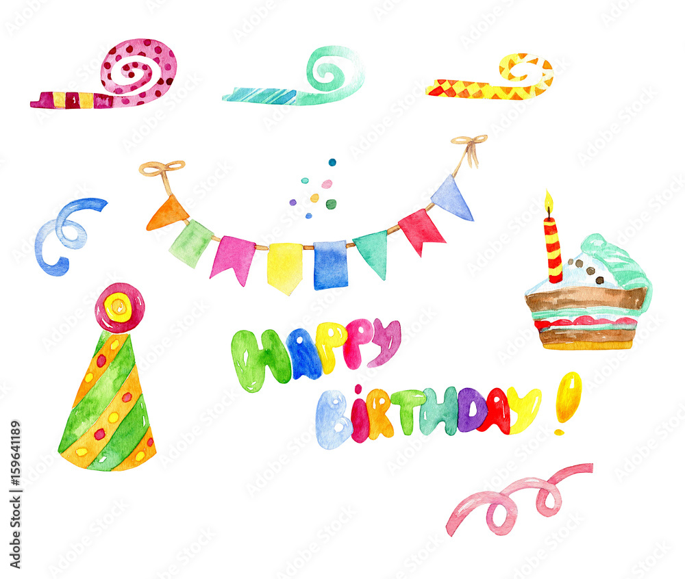 Birthday hand painted watercolor illustration, party clip art, set ...