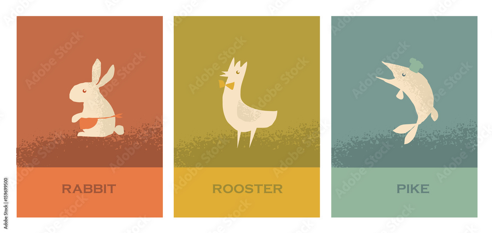 concept restaurant poster set with french food - rooster, pike, rabbit ...