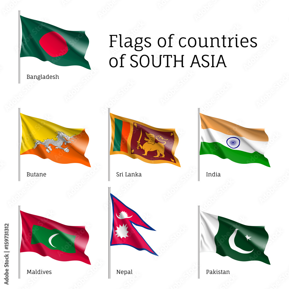 Set of waving flags on flagpole of South Asian countries: Bangladesh ...