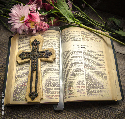 Bible And Cross Background. Fresh flowers and a crucifix with an open King James Bible. Stock ...