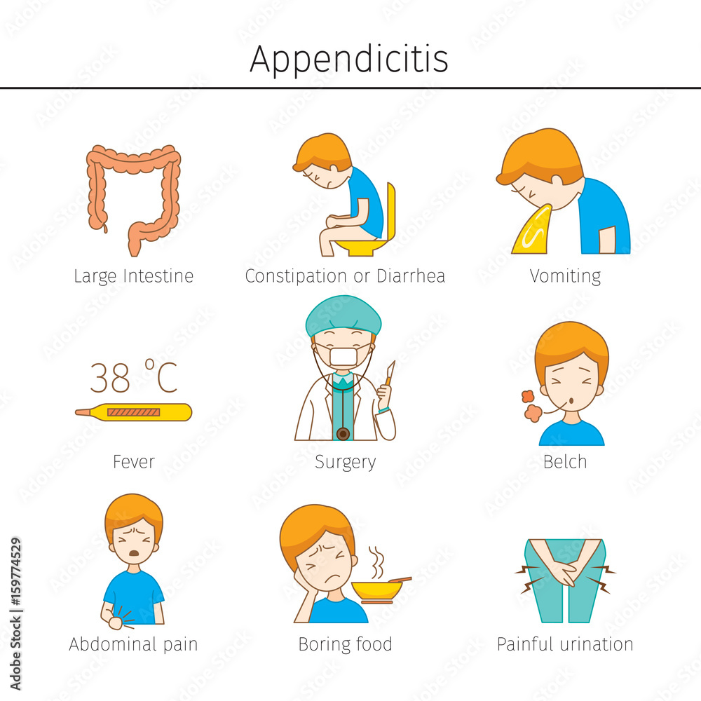 Vector de Stock Appendicitis Symptoms Outline Icons Set, Appendix, Internal Organs, Body ...