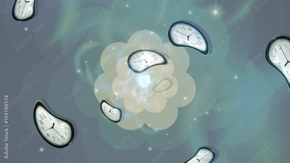 Concept of time travel or back to future. Distorted clock objects ...