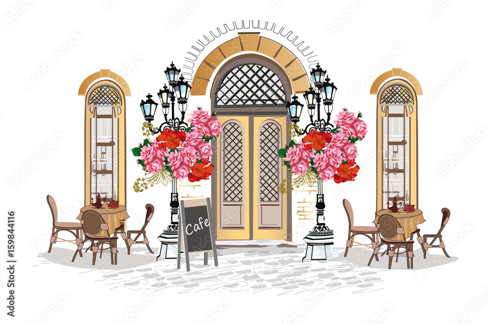 Series of Café entrances, retro restaurant windows decorated with ...