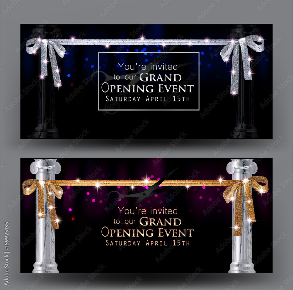 Grand opening banners with gold curtain, marble columns and long ...