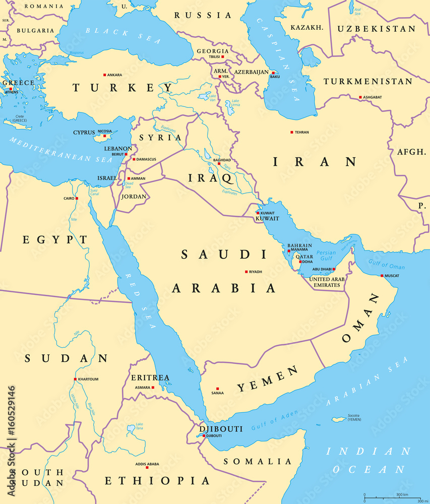 Middle East political map with capitals and national borders ...