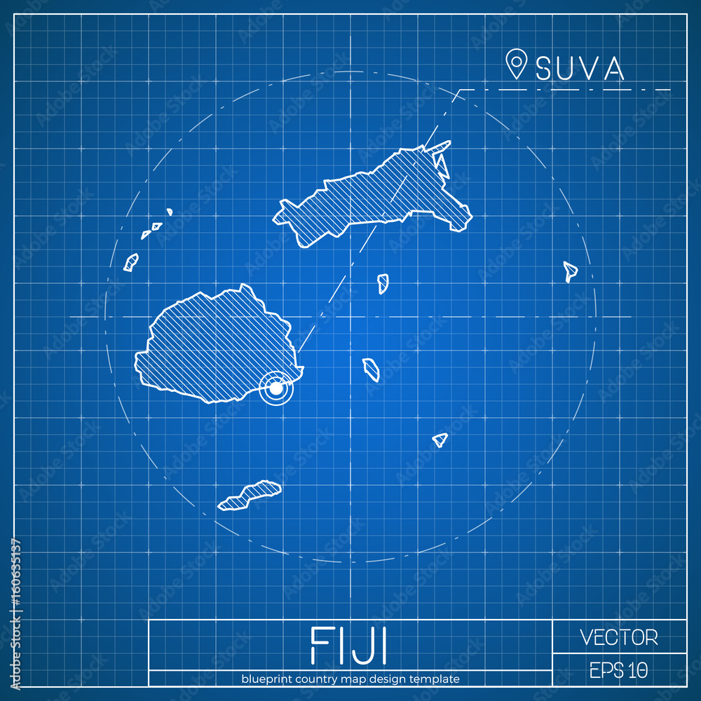 Fiji blueprint map template with capital city. Suva marked on blueprint ...
