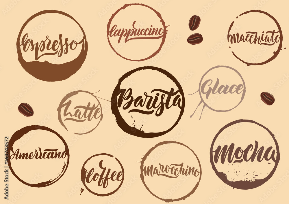 Handwritten vector brown calligraphic coffee names in rings of stains ...