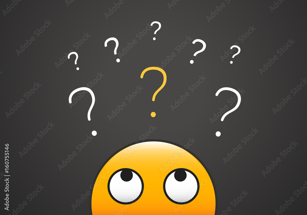 Cute emoji looking up to stack of question marks. Vector illustration ...