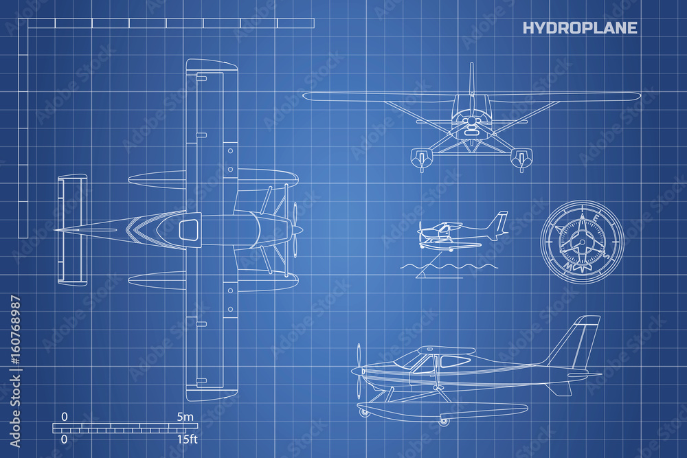 Engineering blueprint of plane. Hydroplane view: top, side and front ...