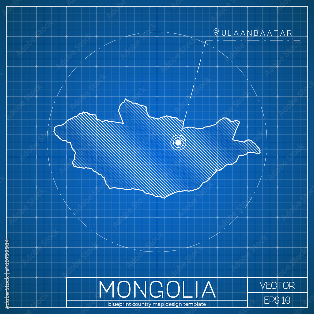 Mongolia blueprint map template with capital city. Ulan Bator marked on blueprint Mongolian map ...