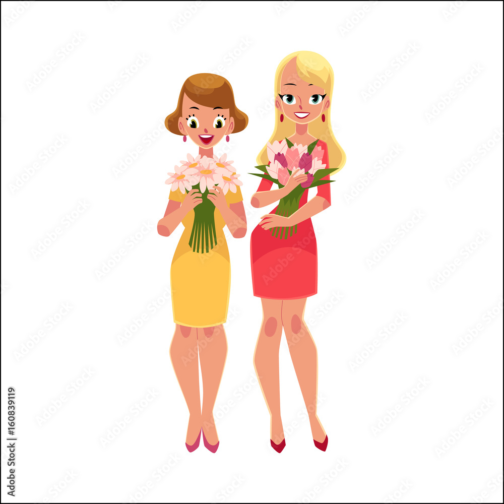 Two beautiful blond women, girls standing, holding bunches of flowers ...