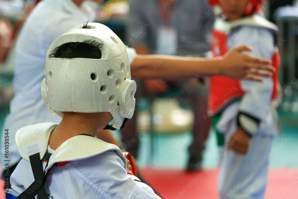 Kids fighting on stage during Taekwondo contest Stock Photo | Adobe Stock