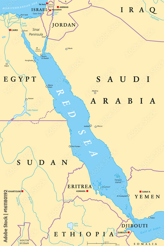 Red Sea region political map with capitals, borders, important cities ...