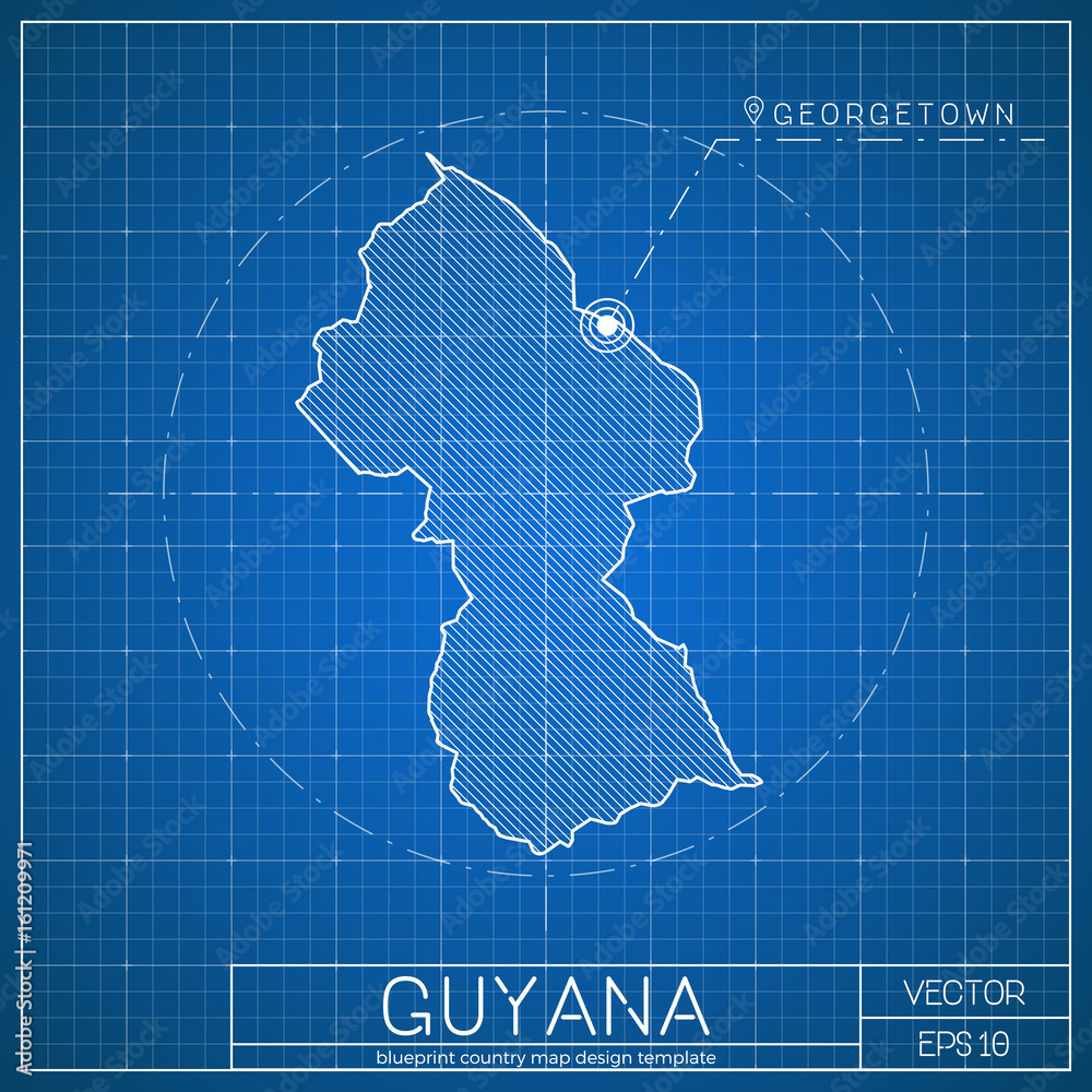 Guyana blueprint map template with capital city. Georgetown marked on ...