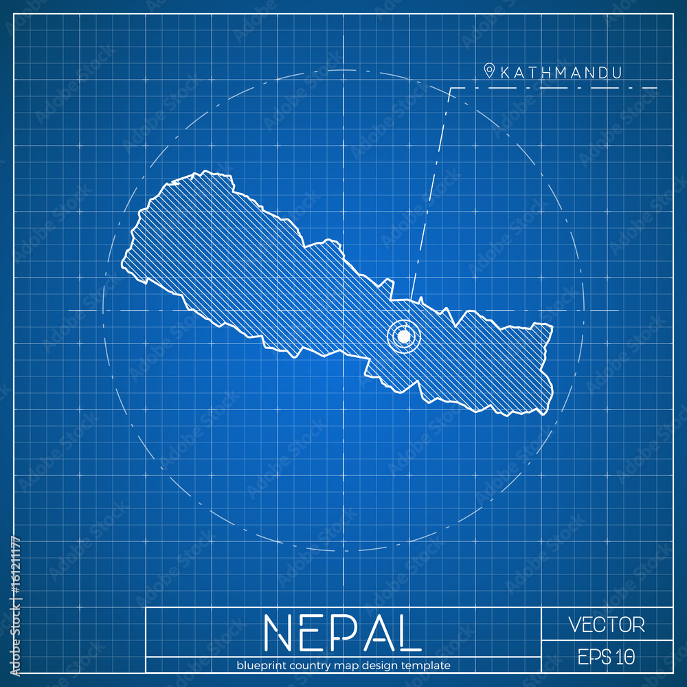 Nepal blueprint map template with capital city, Kathmandu marked on ...