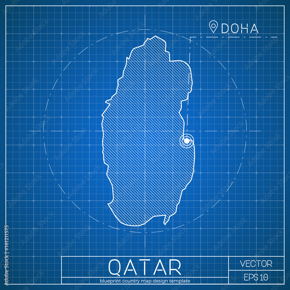 Qatar blueprint map template with capital city, Doha marked on ...