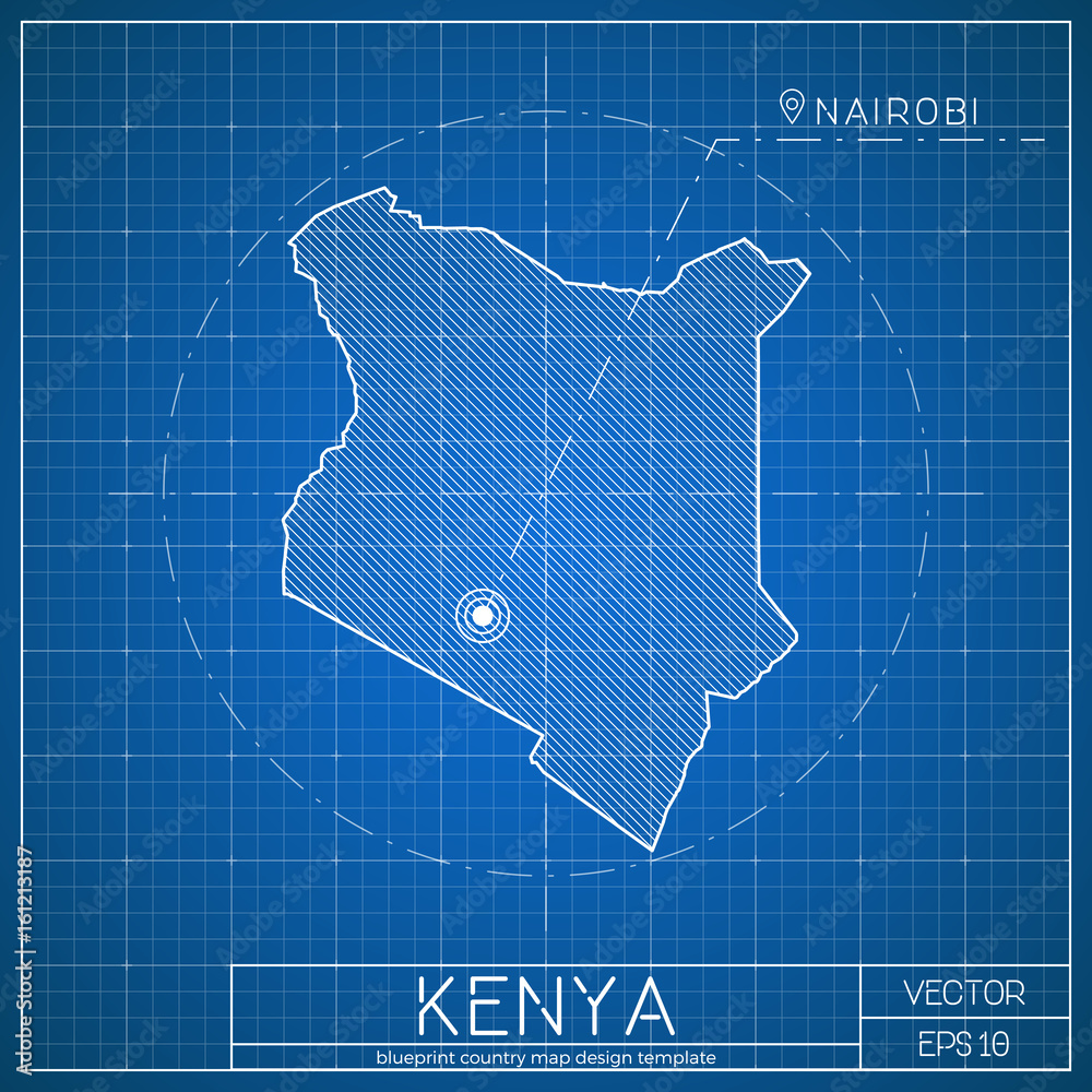 Kenya blueprint map template with capital city. Nairobi marked on ...