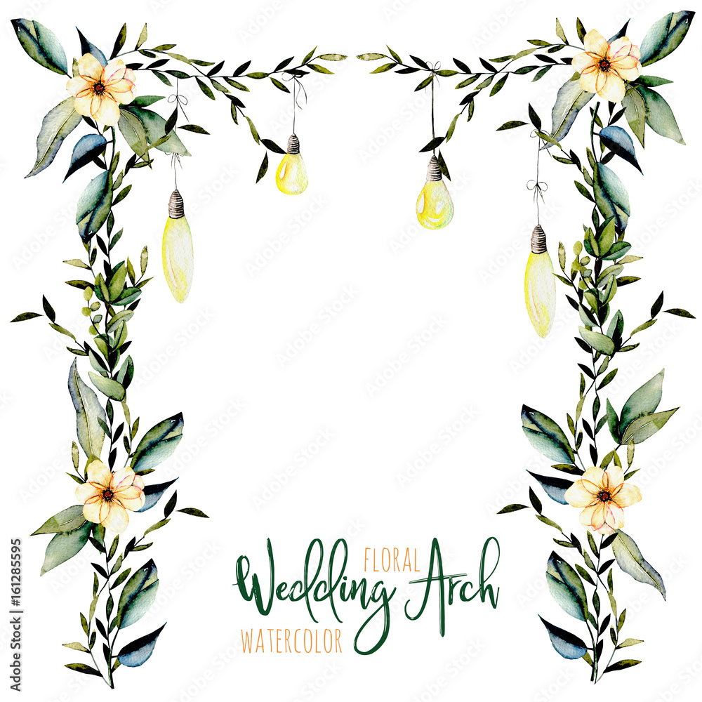 Watercolor floral wedding arch with hanging lamps for bridal design ...