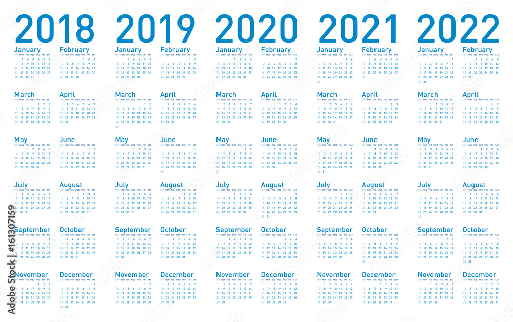 Simple Blue Calendar for years 2018,2019, 2020, 2021 and 2022, in ...