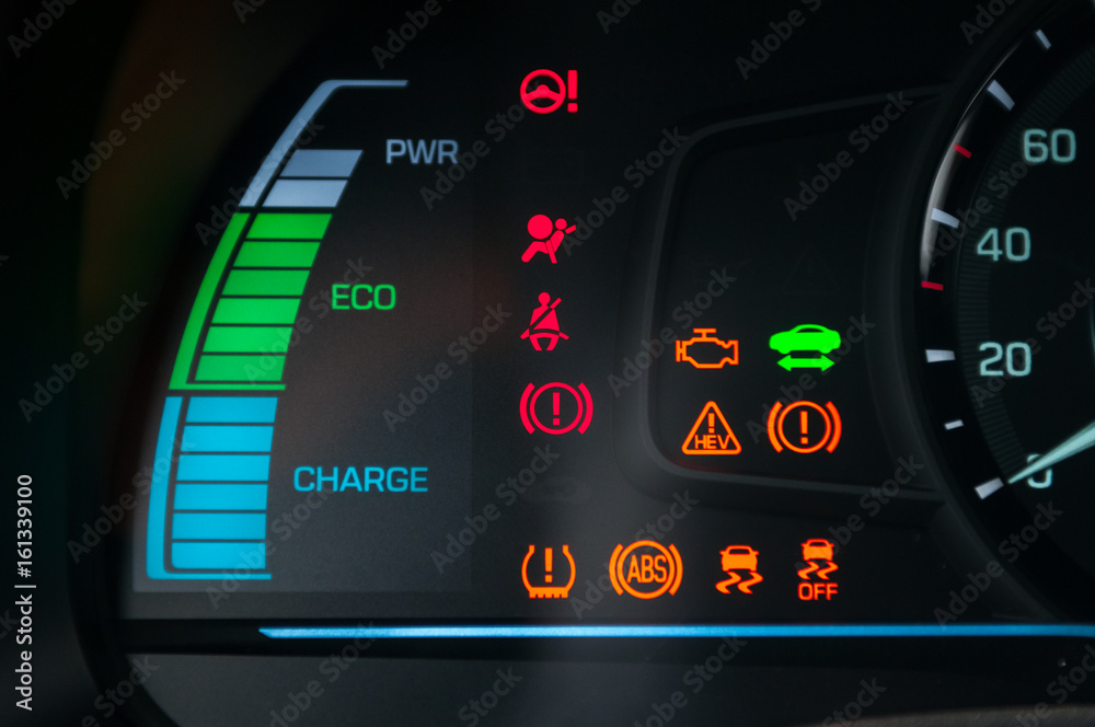 Foto de Stock Car dashboard warning lights. Engine start moment. System ...