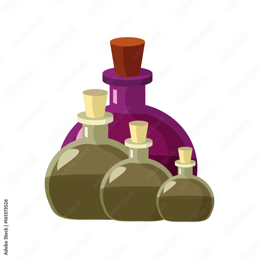 Vintage glass bottles of potion, old luxury perfume, magic oil or ...