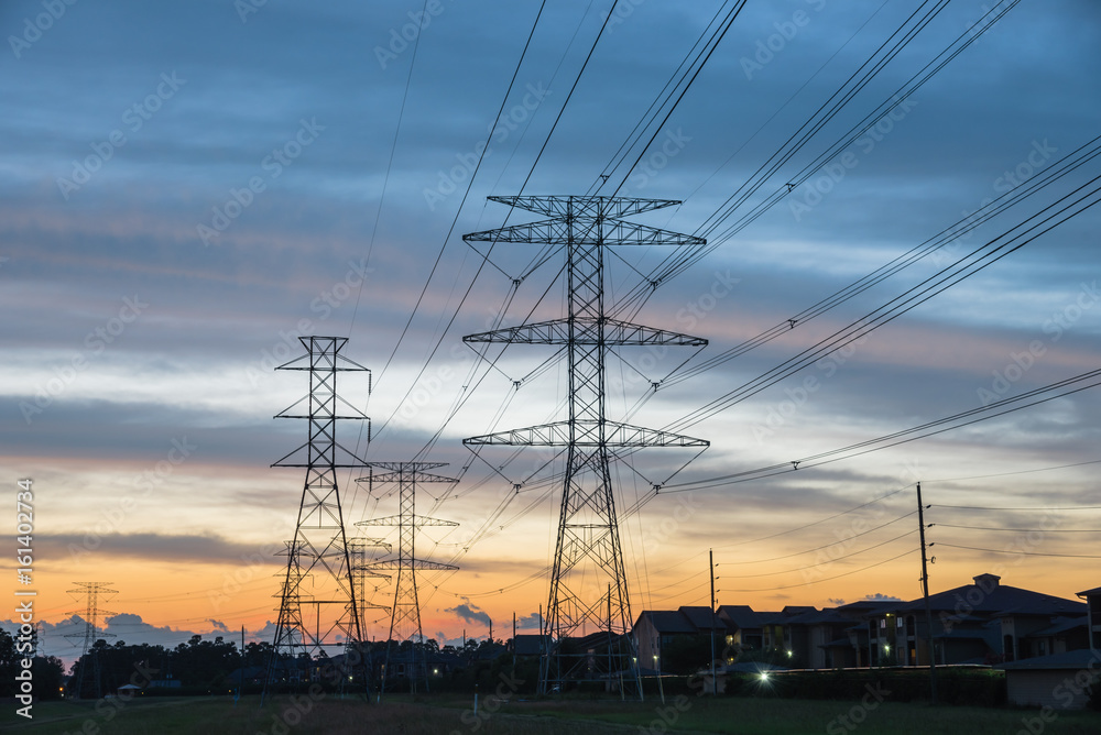 Group silhouette of transmission towers (power tower, electricity pylon ...