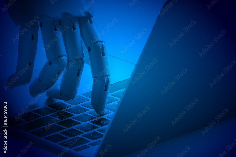 Chat bot , artificial intelligence , robo advisor , robotic concept. Robot finger point to ...