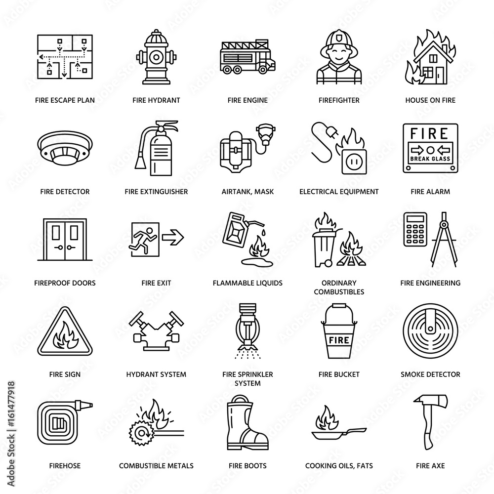 Firefighting, fire safety equipment flat line icons. Firefighter, fire ...
