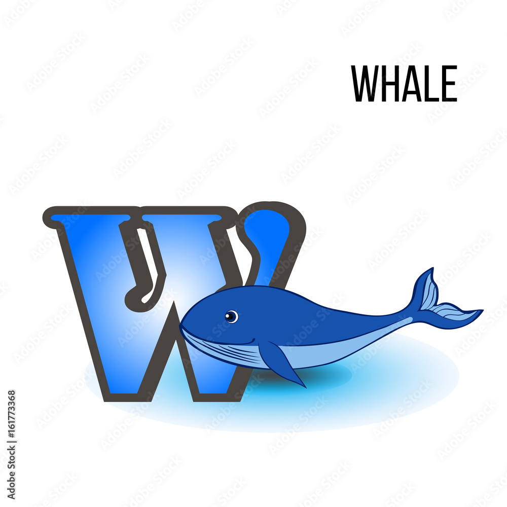Cute Zoo alphabet W with cartoon blue whale, kid wild animal vector ...