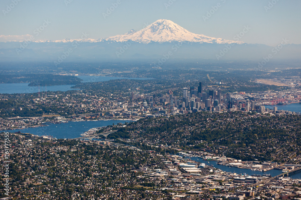 Mt. Rainier overlooking Seattle as taken from an airplane Stock Photo ...
