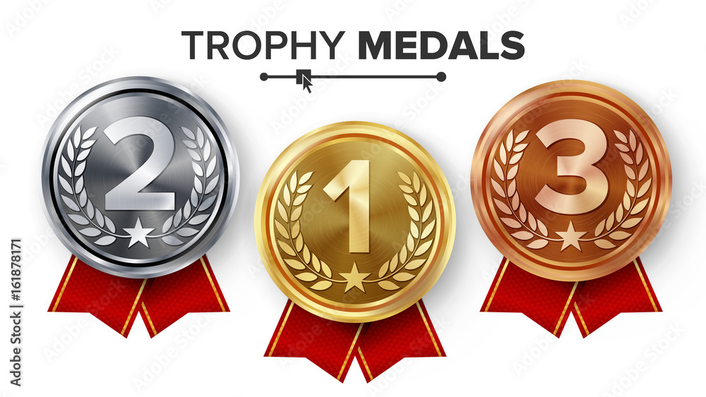 Gold, Silver, Bronze Medals Set Vector. Metal Realistic Badge With ...