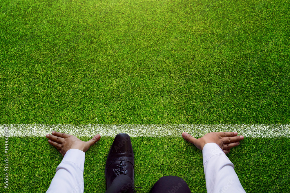 Start background, Top view of Businessman on Start line in soccer grass ...