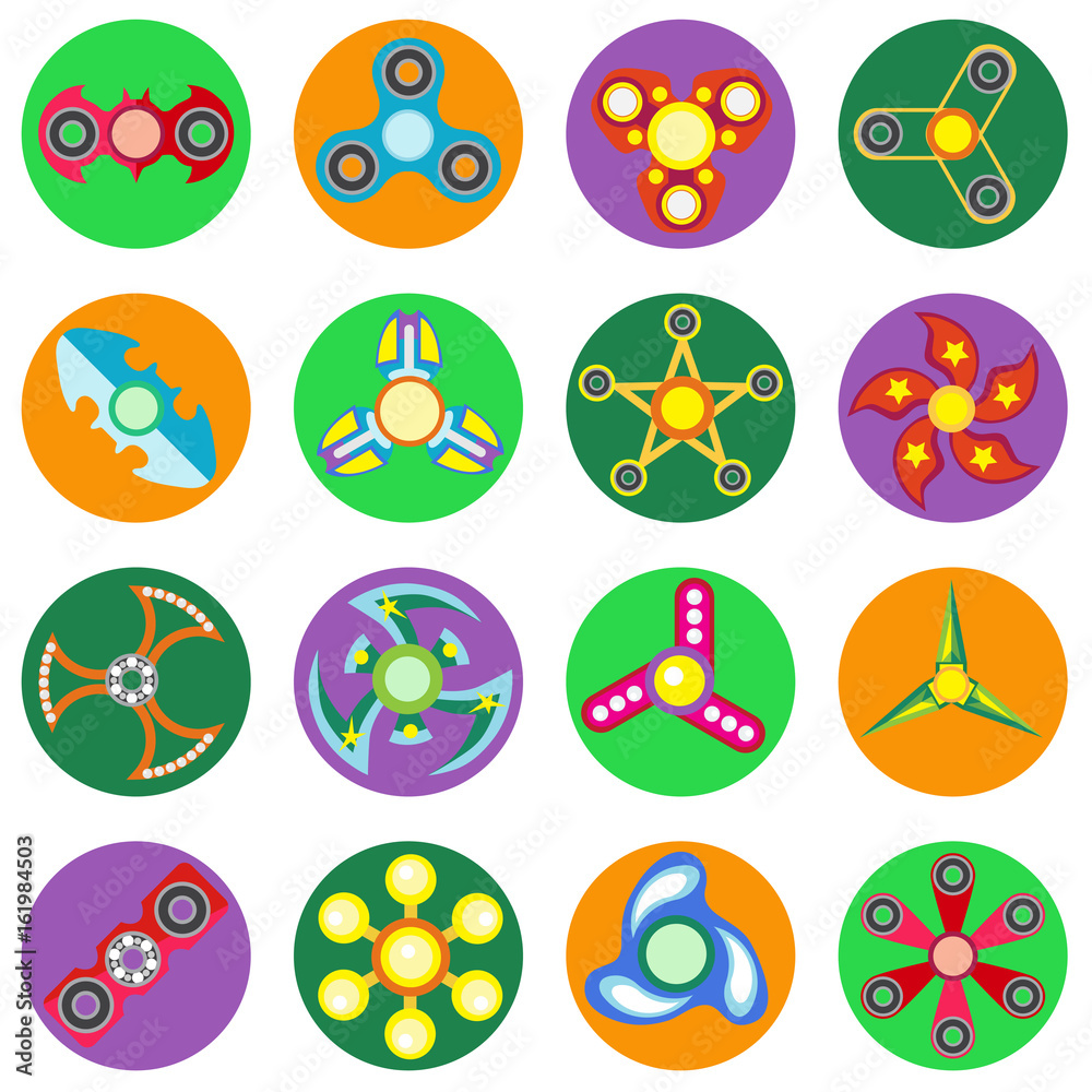 Set of 16 spinners of different shapes a flat style. Vector image on a round colored background ...