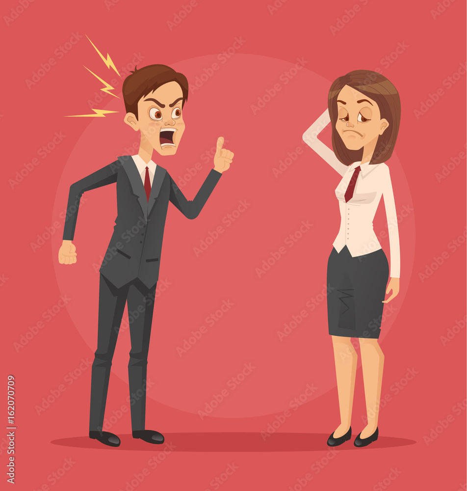 Angry man boss character yelling at employee woman office worker ...