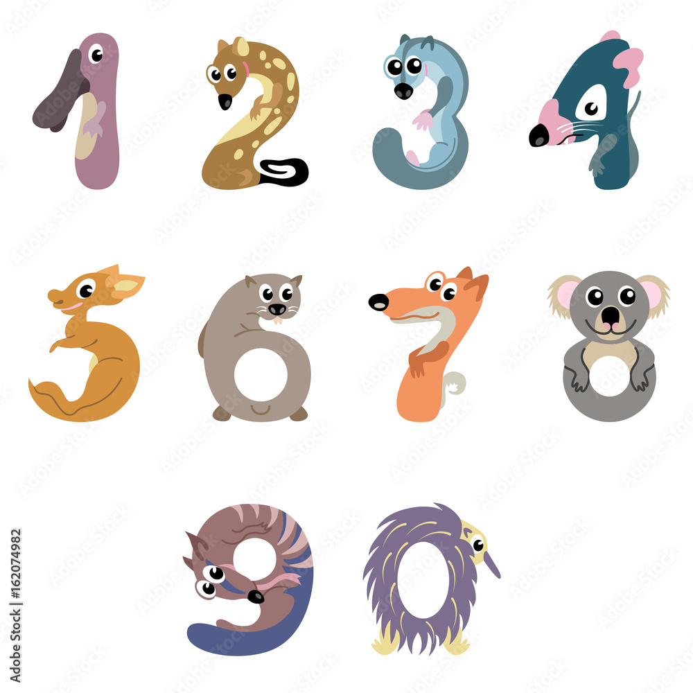 Numbers like Australian animals / Solid fill vector cartoon ...