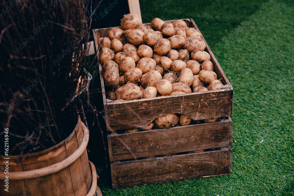 Peasant food in the farmer's style: potatoes, carrots in wooden boxes ...