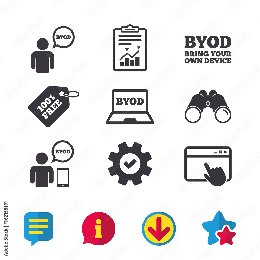 BYOD icons. Human with notebook and smartphone signs. Speech bubble ...