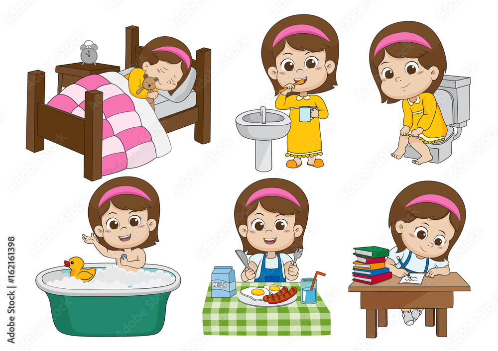 Set of daily cute girl,wake up,brushing teeth,kid pee,taking a bath ...