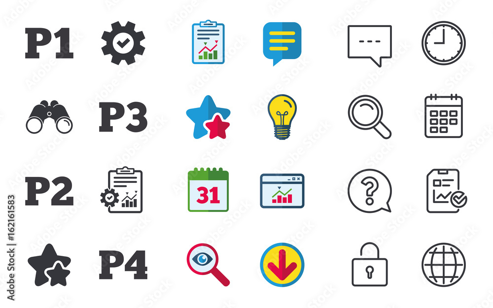 Car parking icons. First, second, third and four floor signs. P1, P2 ...